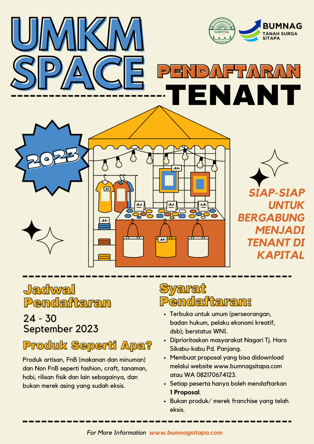 Pendaftaran Tenant UMKM Space - Kapital - BUMNag Tanah Surga Sitapa